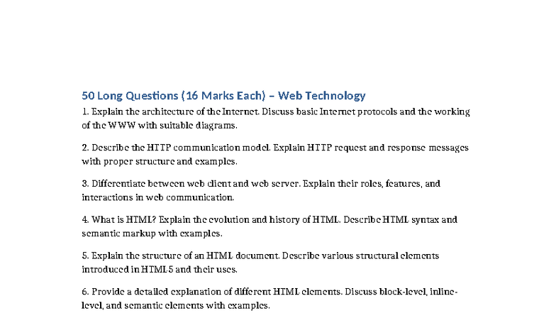 Web Technology 50 Long Questions: In-Depth Study Guide - Studocu