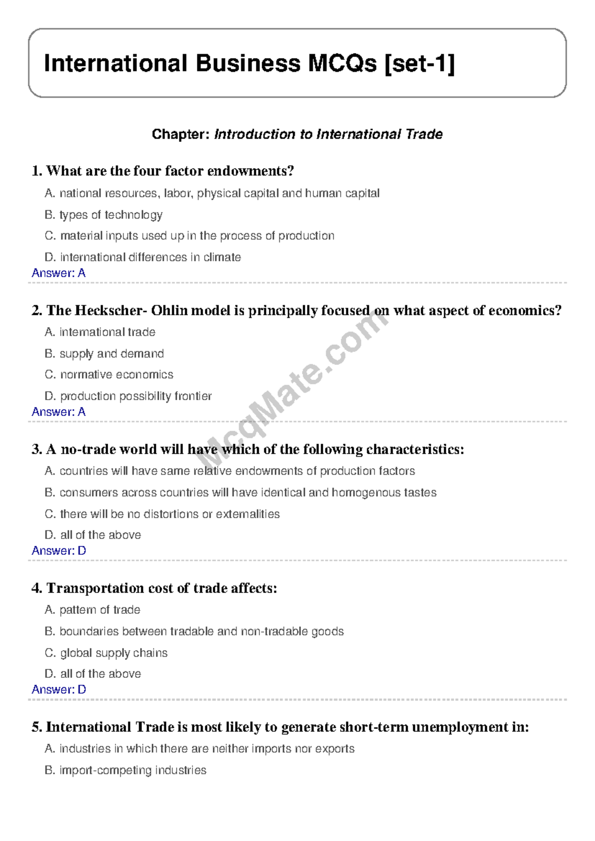 International Business MCQs: Intro to International Trade ...