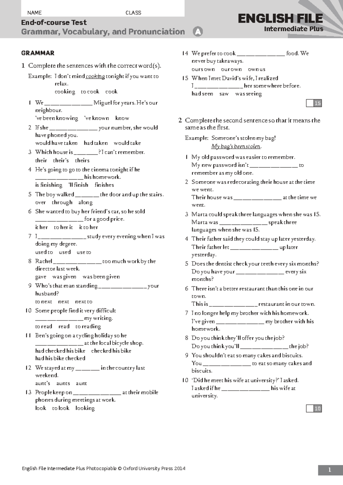 English File Intermediate Plus End of Course Test: Grammar, Vocabulary ...
