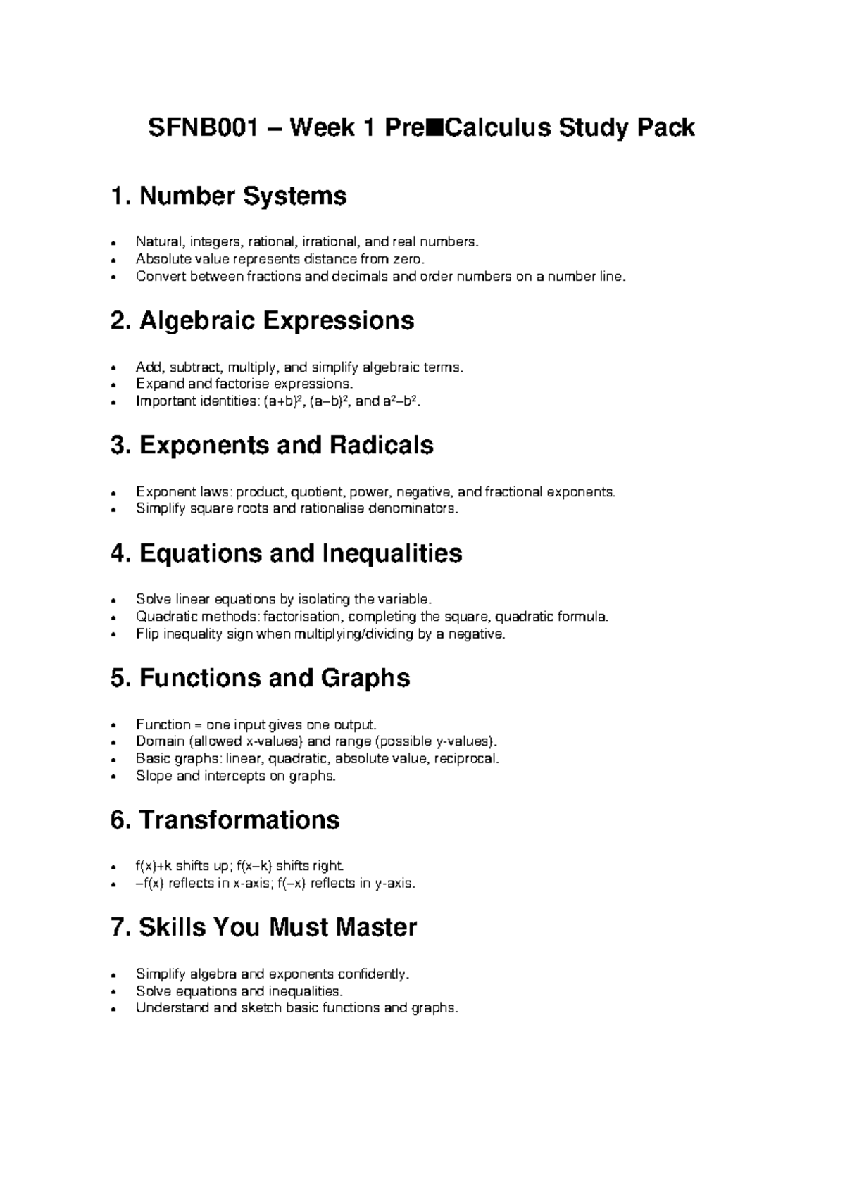 SFNB001 Week 1 Precalculus Study Pack: Number Systems & Algebra - Studocu