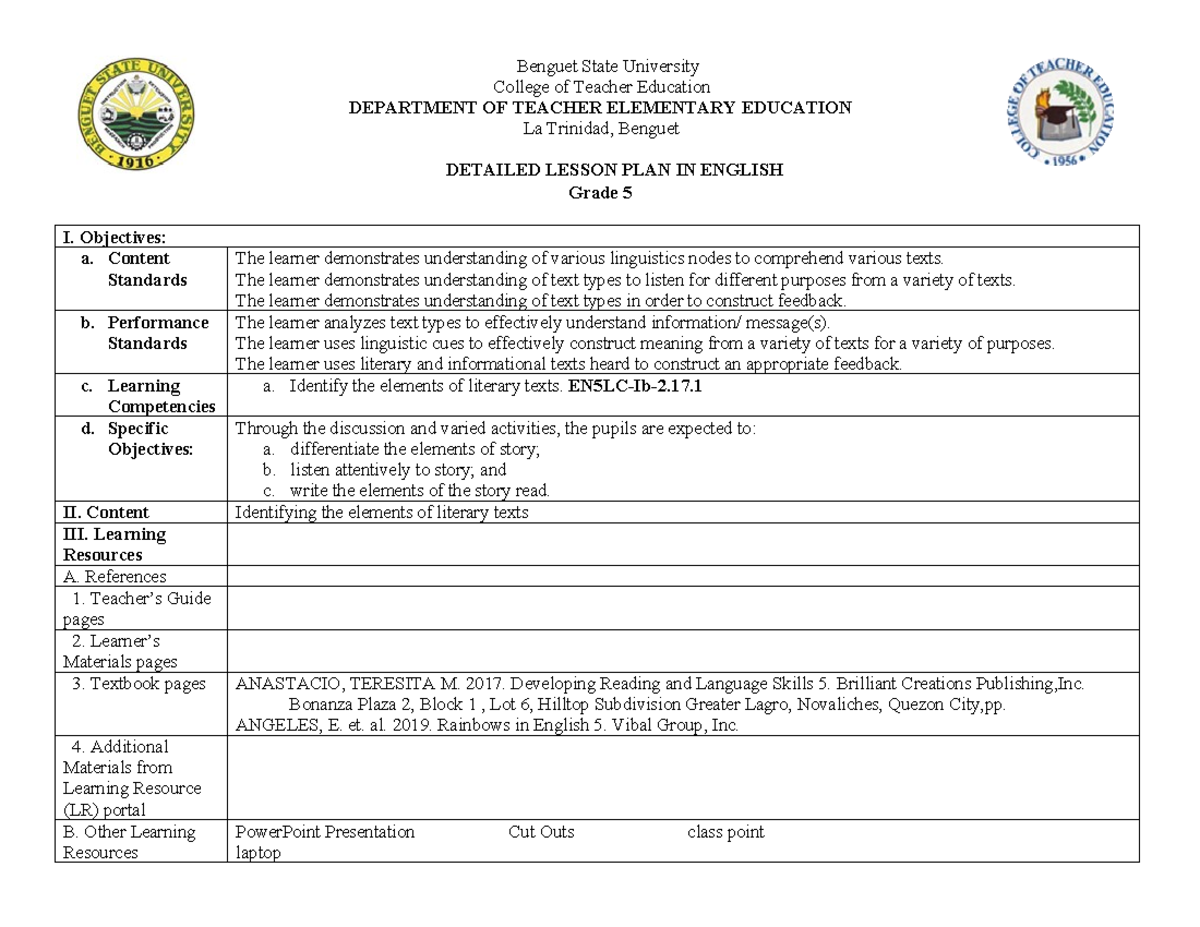 Detailed Lesson Plan for English Reading: Grade 5 - Studocu