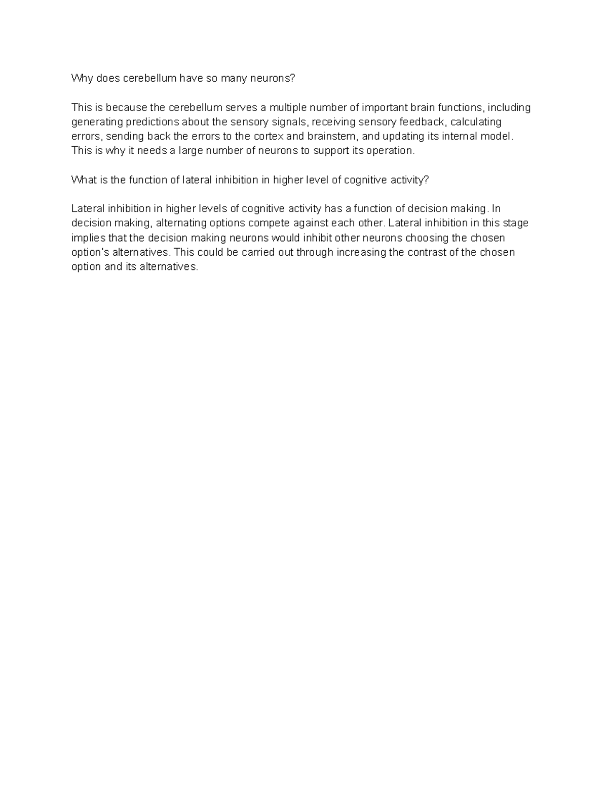 SHSC2031 Homework 5: Neuronal Functions of Cerebellum & Lateral ...