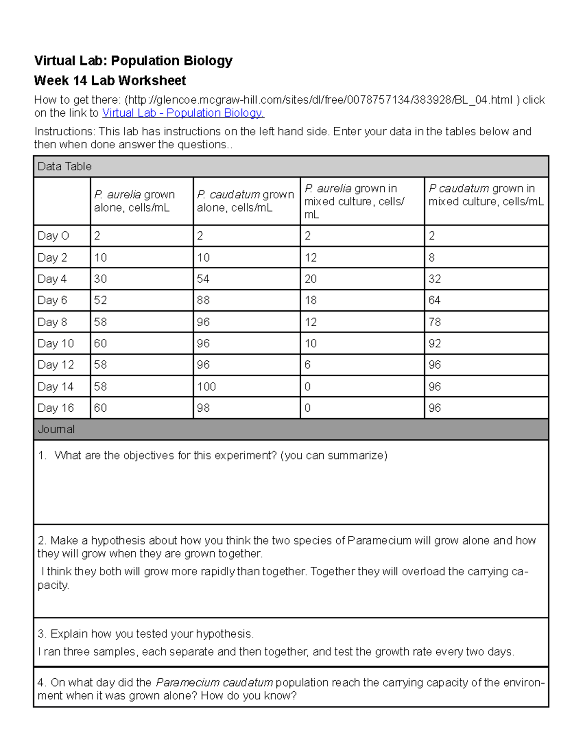 Week 14 Lab Worksheet - Virtual Lab: Population Biology Week 14 Lab Worksheet How to get there ...