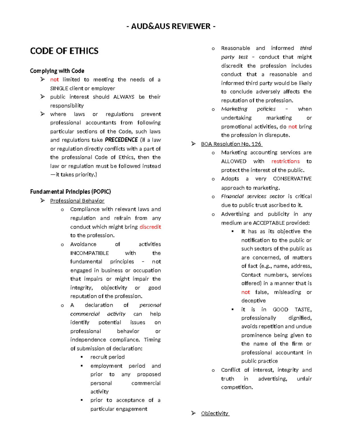 REVIEWER: Code of Ethics in Auditing (ACCT 101) - Studocu