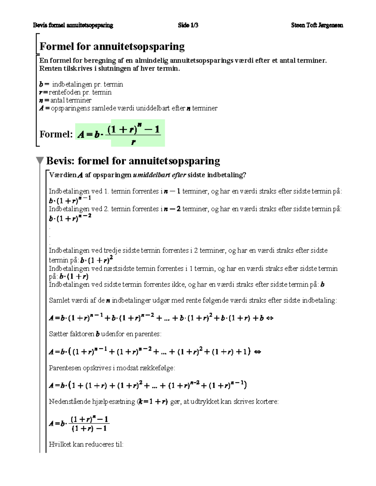 Bevis for anuitetsopsparing - Formel for annuitetsopsparing En formel ...