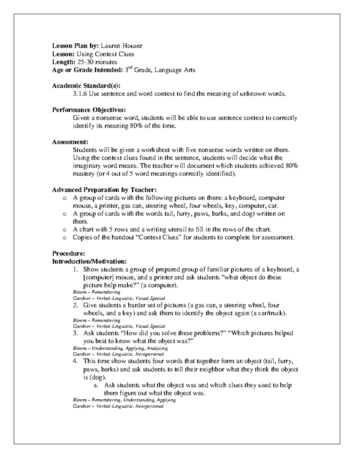 3rd Grade Language Arts Lesson Plan: Using Context Clues - Studocu