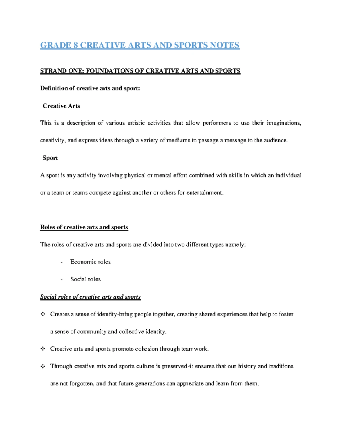 Grade 8 Creative Arts & Sports Lesson Notes: Complete Overview - Studocu