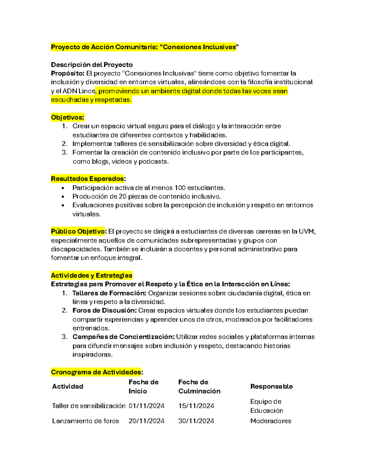 Proyecto de Acción Comunitaria: Conexiones Inclusivas en UVM - Studocu