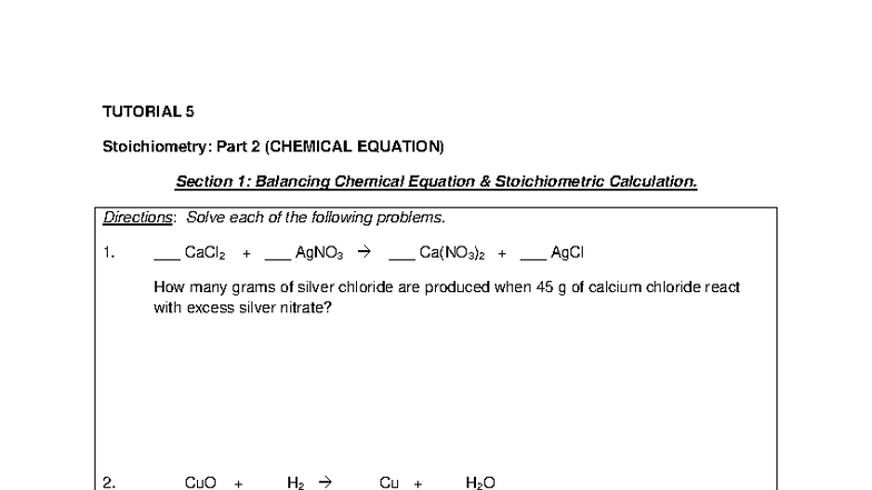 Tutorial 5: Stoichiometry II - Balancing Chemical Equations & Calculations - Studocu