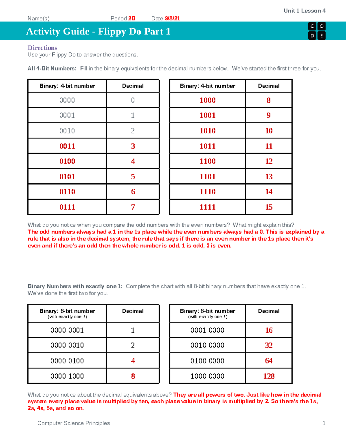 Binary Worksheet Answer Key - Unit 1 Lesson 4 (CSP 1) - Studocu