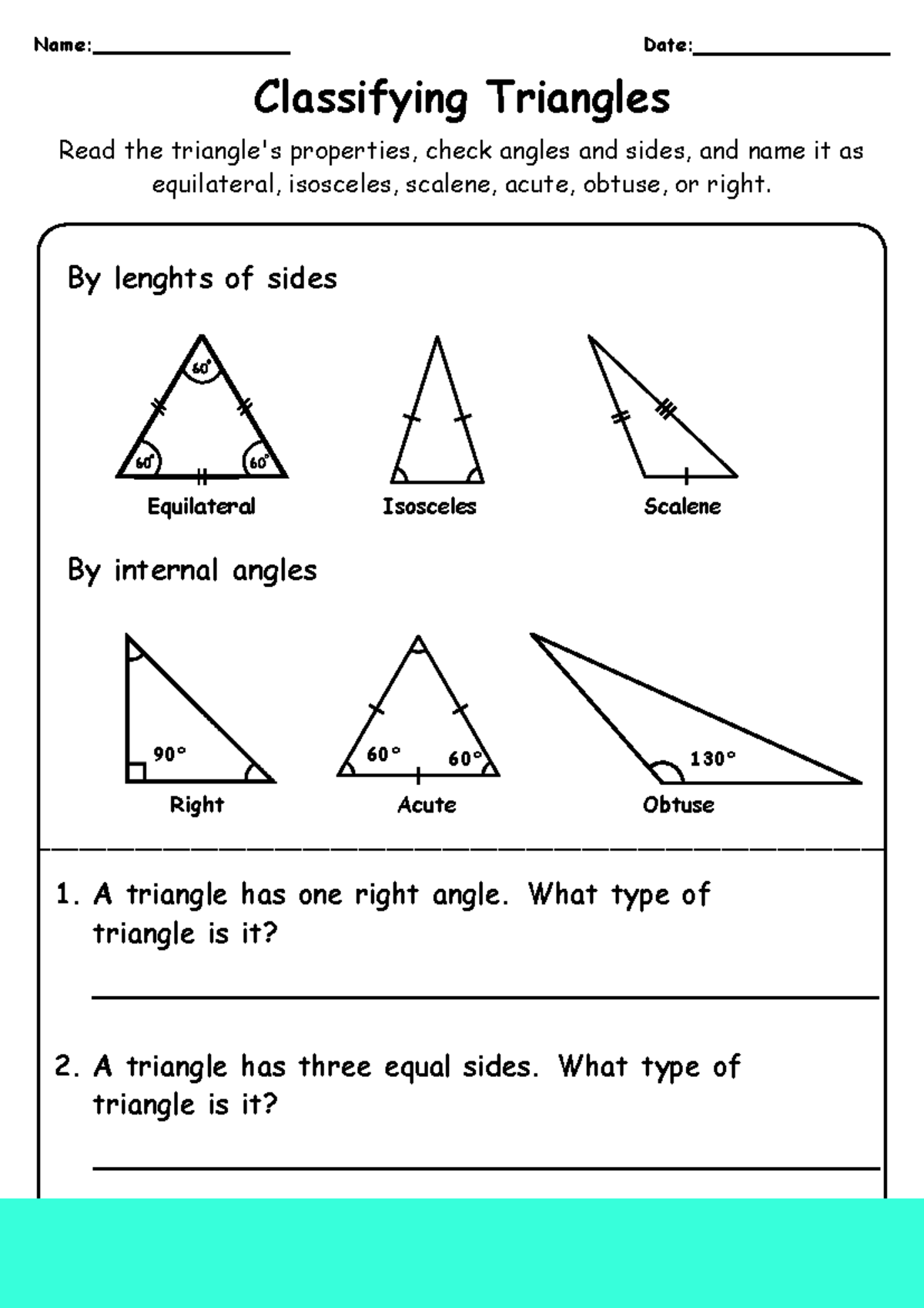 Classifying Triangles - 5th Grade Worksheet - Name: Date: Classifying ...