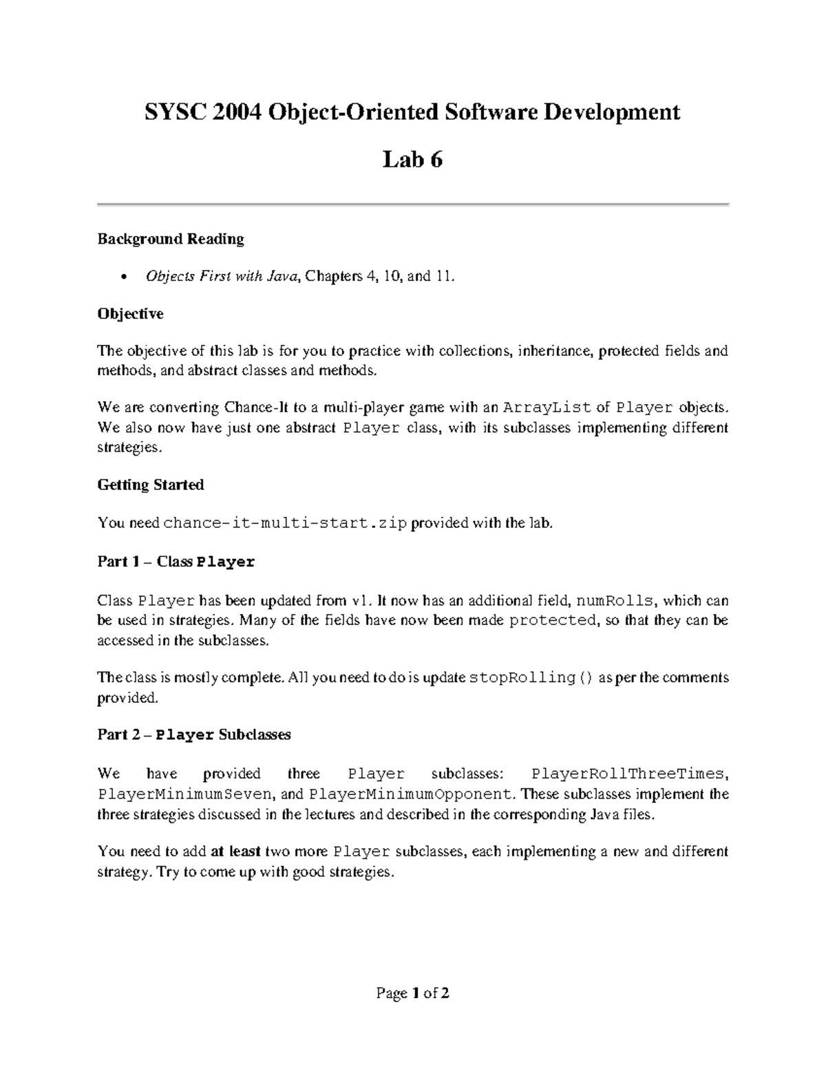 SYSC 2004 Software Development Lab 6: Objects First with Java - Studocu