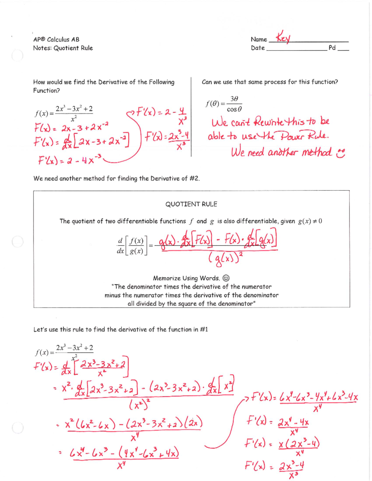 Notes Quotient Rule key 24-25 - Calculus AB Name Key Notes: Quotient ...