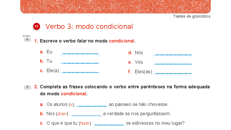 Testes de Gramática: Modo Condicional - Ficha 6.º Ano - Studocu