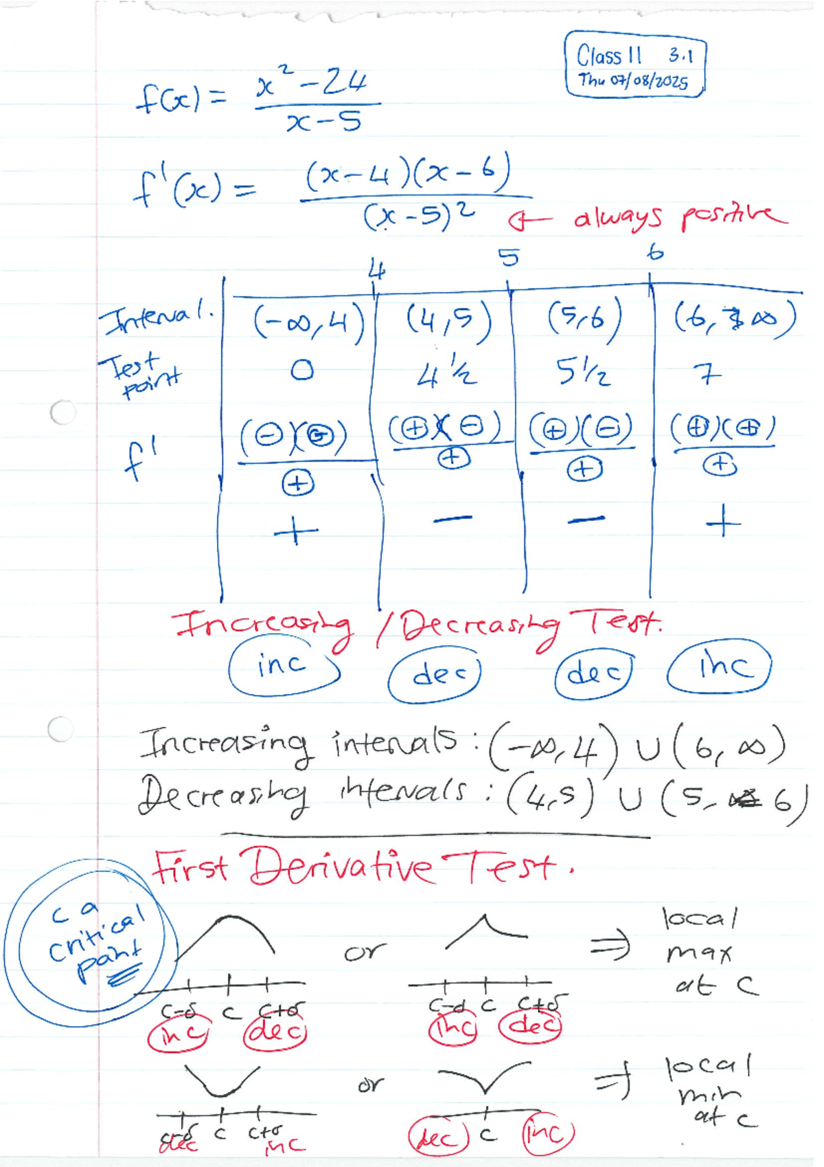 MTHS121 Class 11 Final Exam Notes on Increasing/Decreasing Functions ...