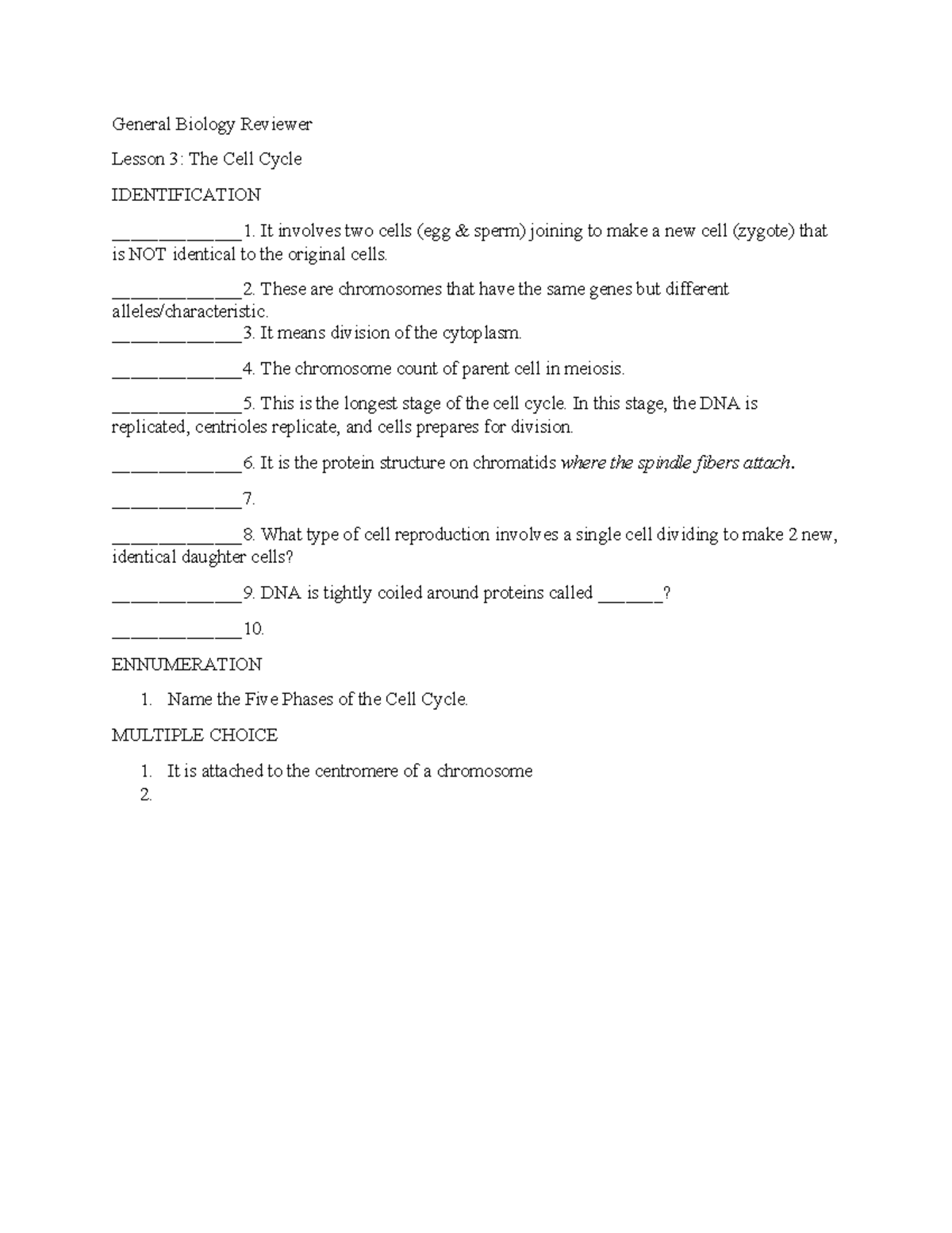 General Biology Reviewer: Lesson 3 - The Cell Cycle Overview - Studocu