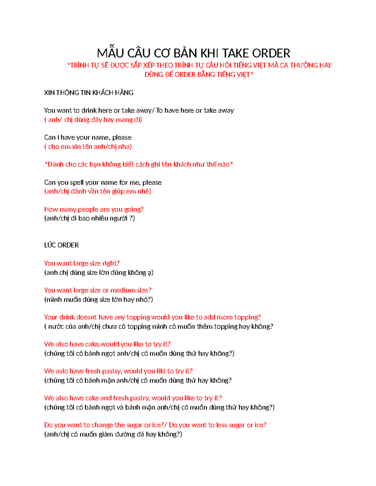 MẪU CÂU CƠ BẢN KHI TAKE ORDER - Lecture Notes - Studocu