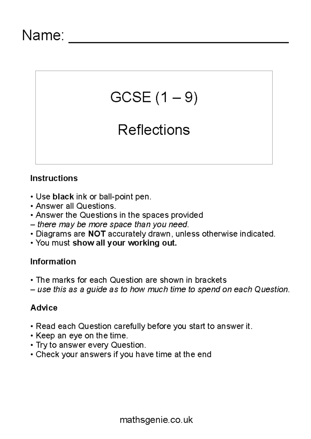 GCSE (1 9) Year 8 Reflections 1 - Practice Questions - Studocu