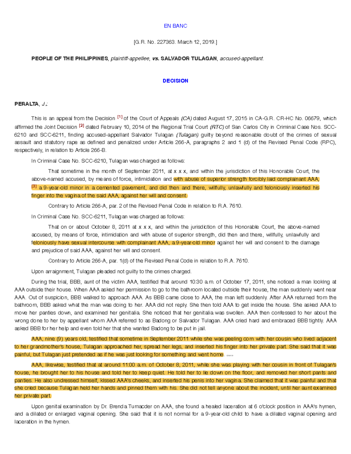 G.R. No. 227363 People v. Tulagan - EN BANC [G. No. 227363. March 12, 2019.] PEOPLE OF THE - Studocu