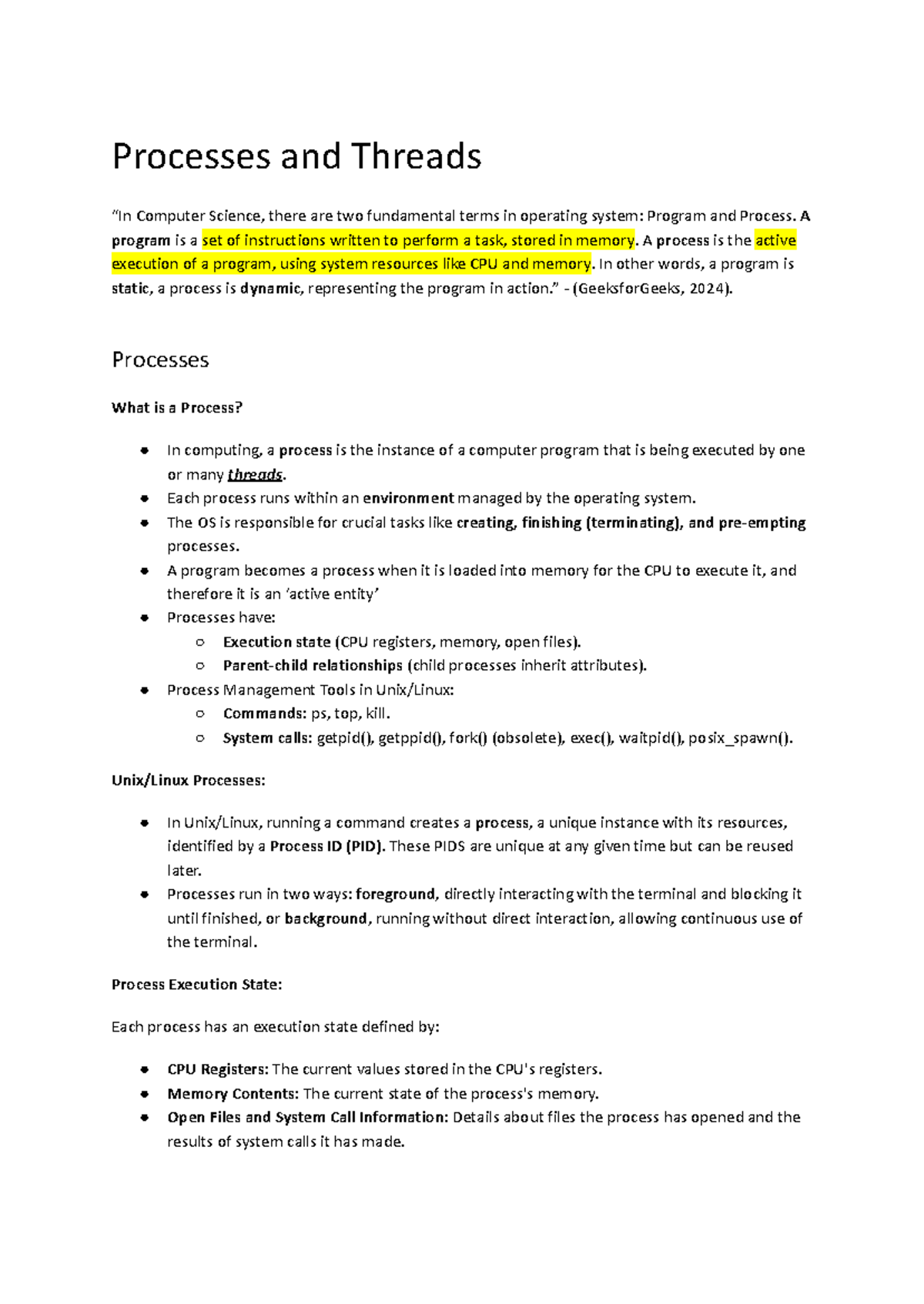 CS Theory: Understanding Processes and Threads in Operating Systems - Studocu