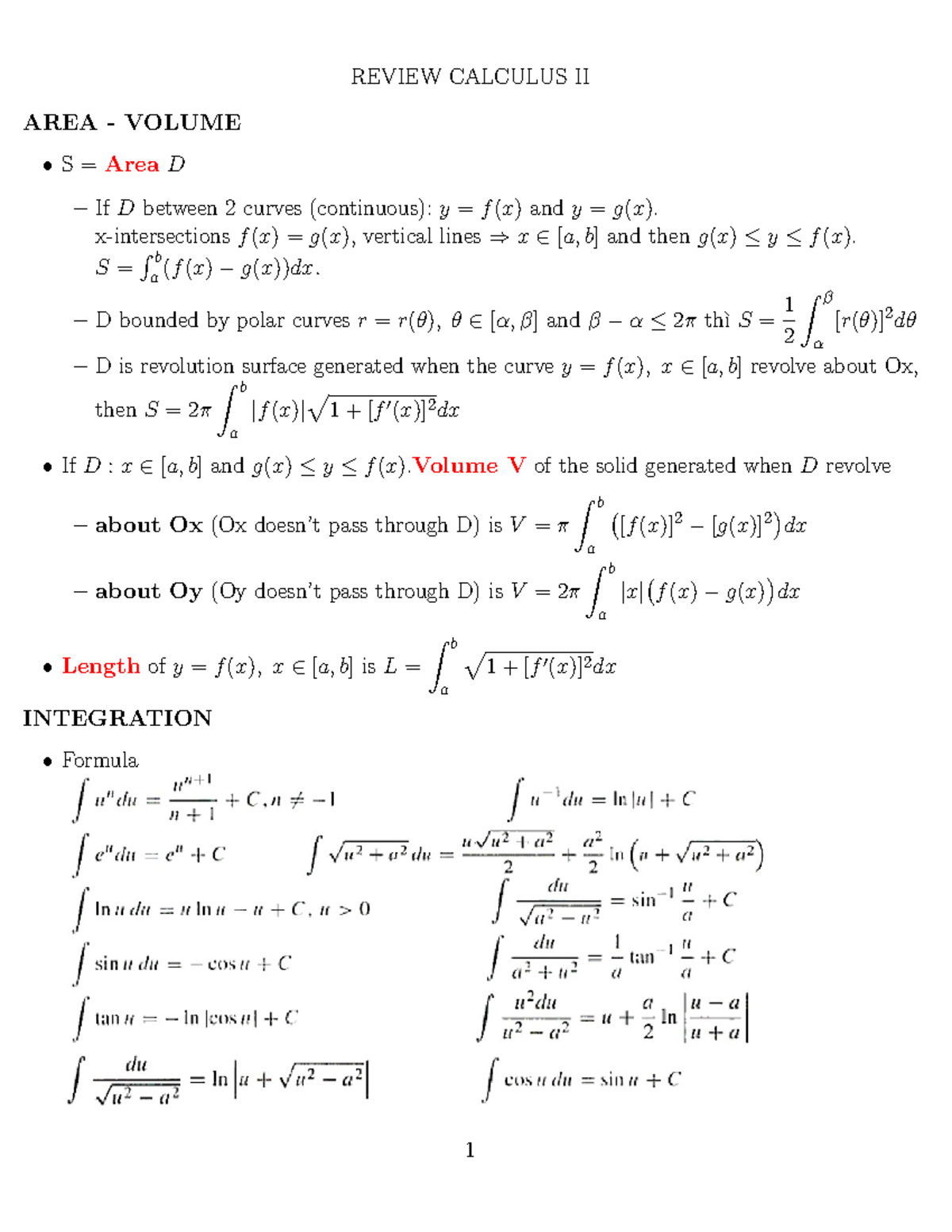 REVIEW CALCULUS II: AREA, VOLUME, AND INTEGRATION FORMULAS - Studocu