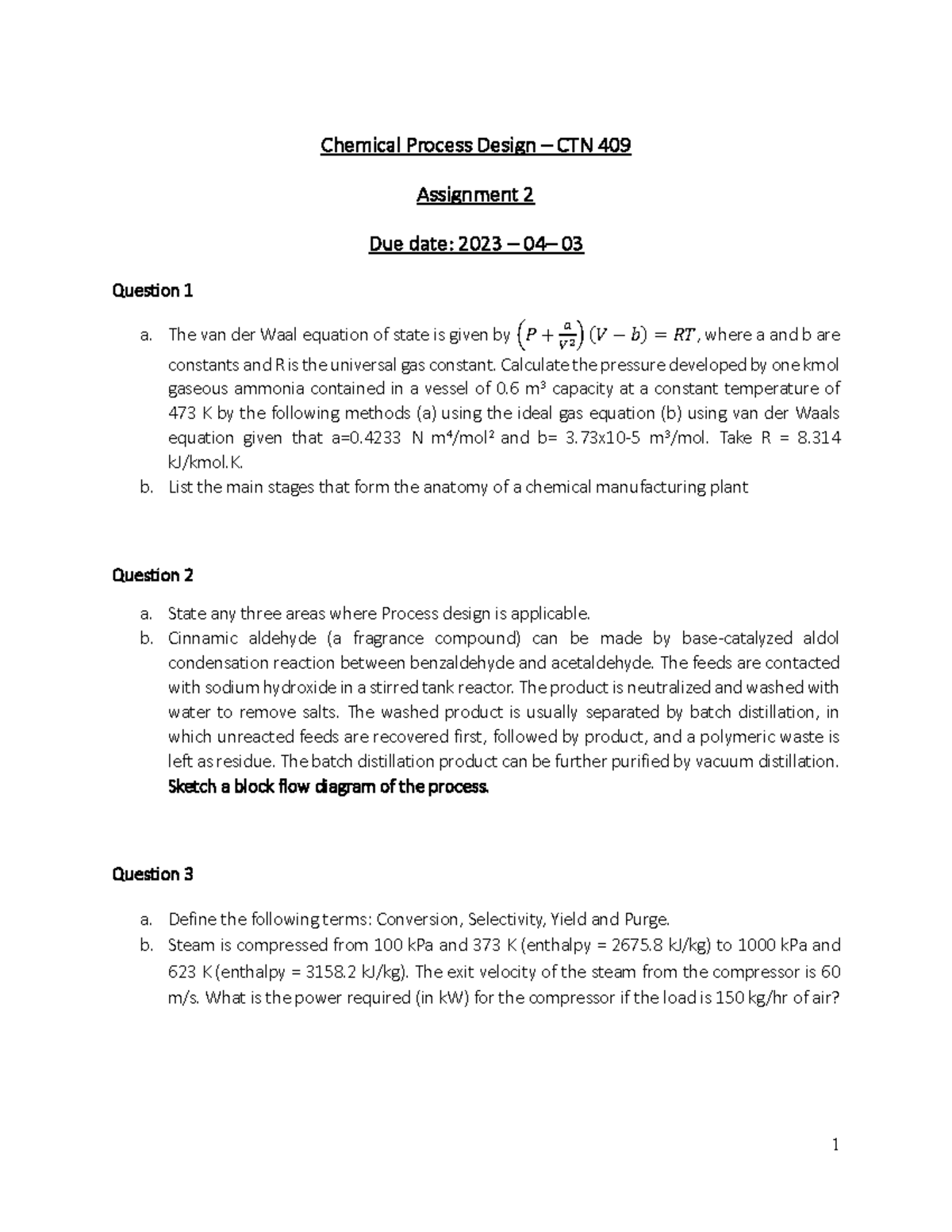 Thermodynamics Assignment - 1 Chemical Process Design – CTN 409 ...