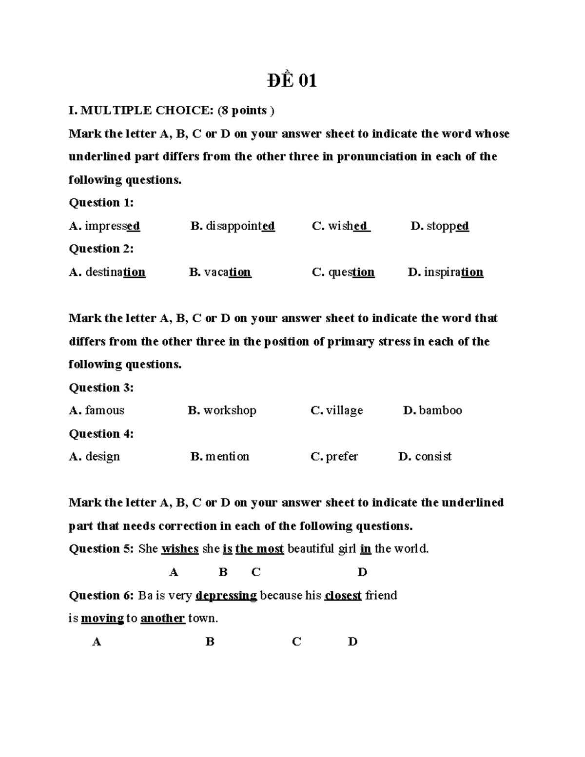 ĐỀ 01 - Multiple Choice & Grammar Exercises for English Proficiency ...