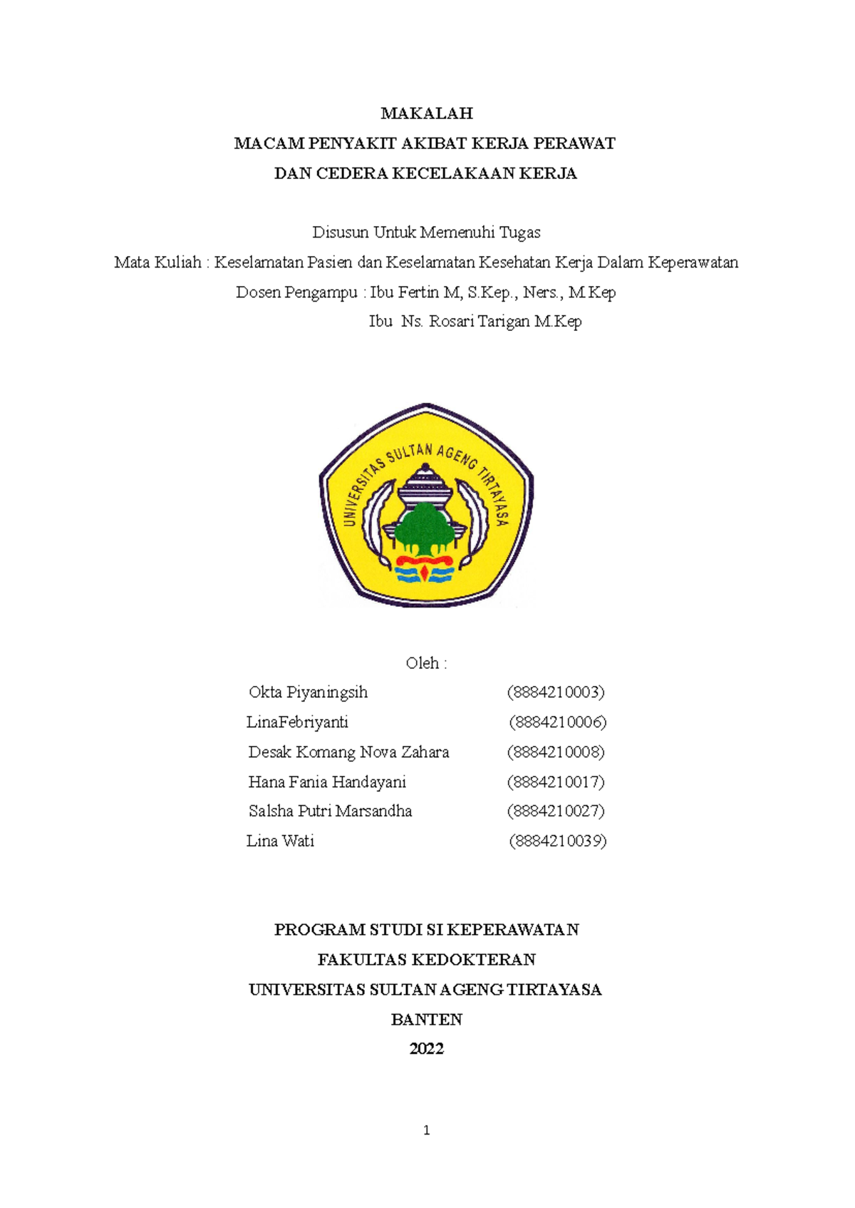 Makalah K3 Keselamatan Pasien: Penyakit Akibat Kerja Perawat - Studocu