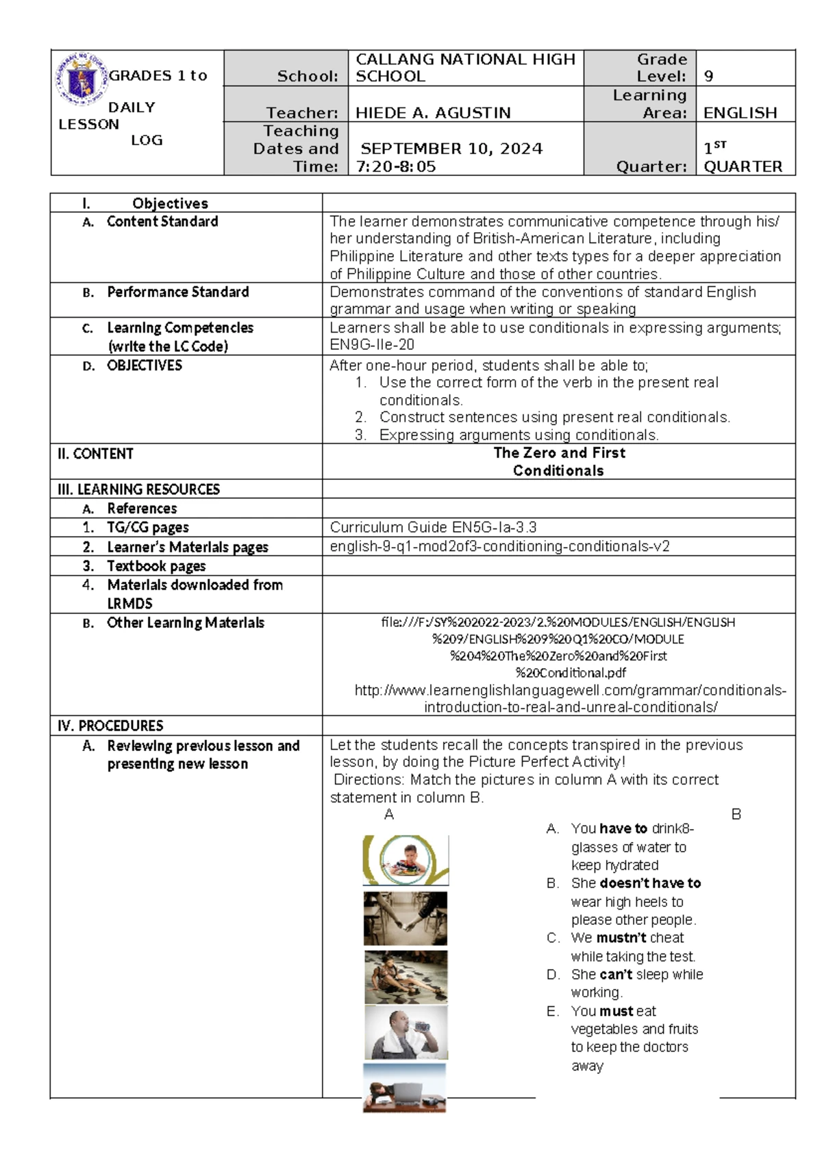 WEEK 1 DLL ENGLISH 9 - Quarter 1 2024-2025 Daily Lesson Log - Studocu