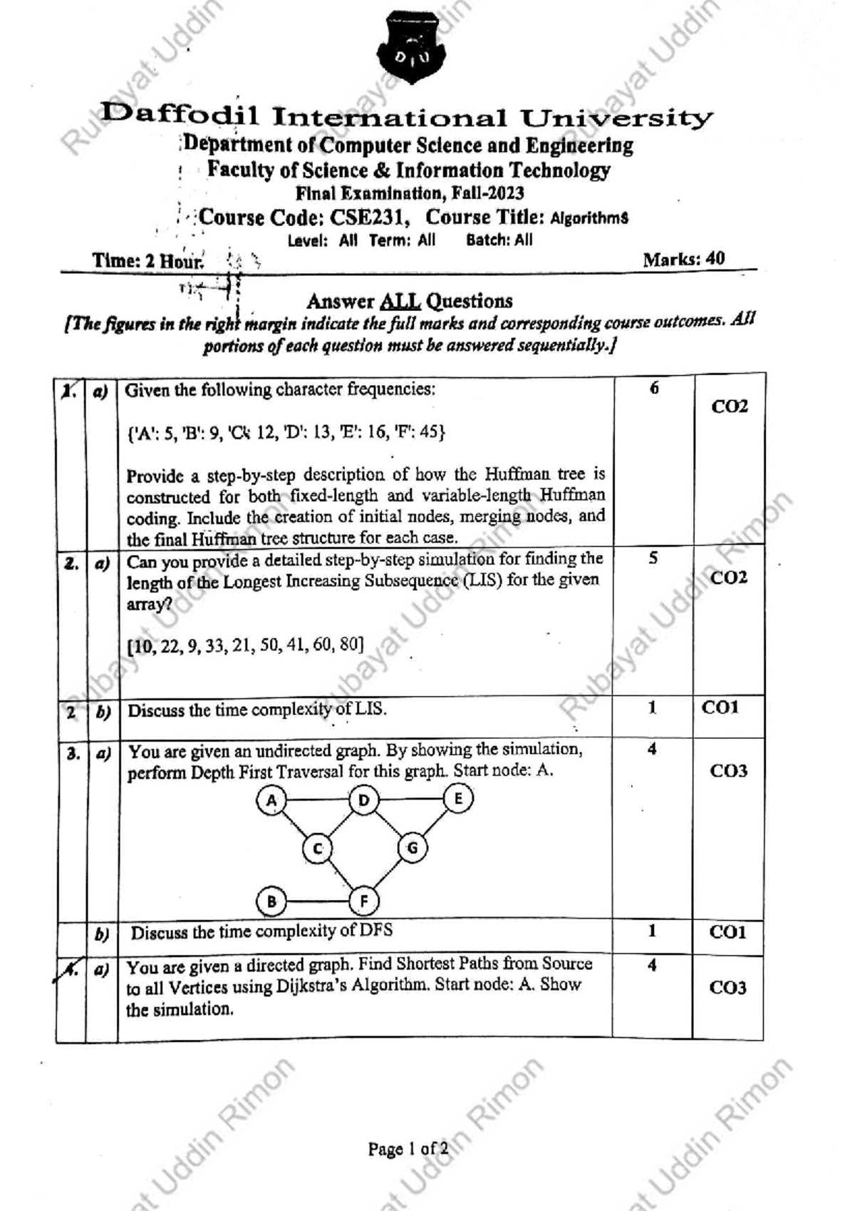 Algorithm Final Exam Questions for CSE231 - Studocu