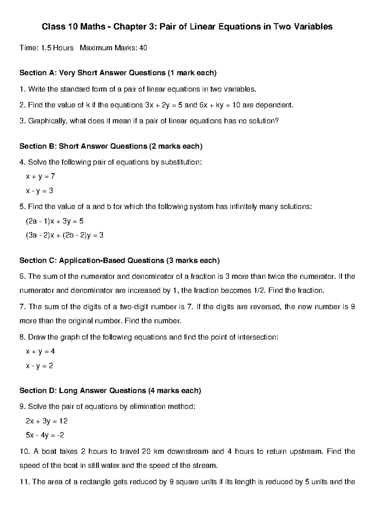 Class 10 Maths Chapter 3: Linear Equations Question Paper - Studocu
