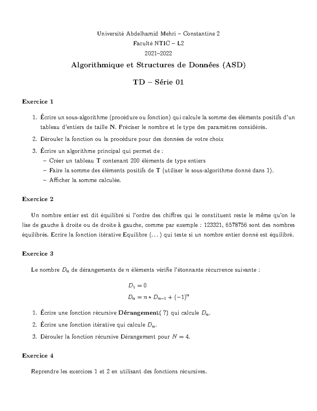 TD1 - TD Algorithmique - Université Abdelhamid Mehri – Constantine 2 ...