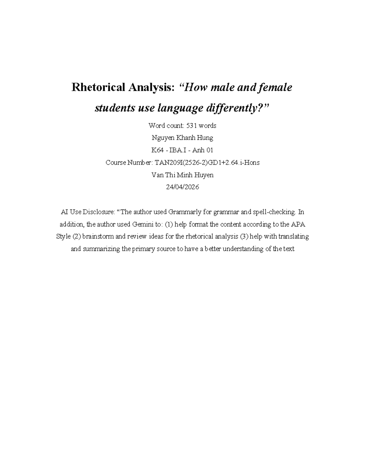 Rhetorical Analysis of Language Use by Male and Female Students (K64 ...