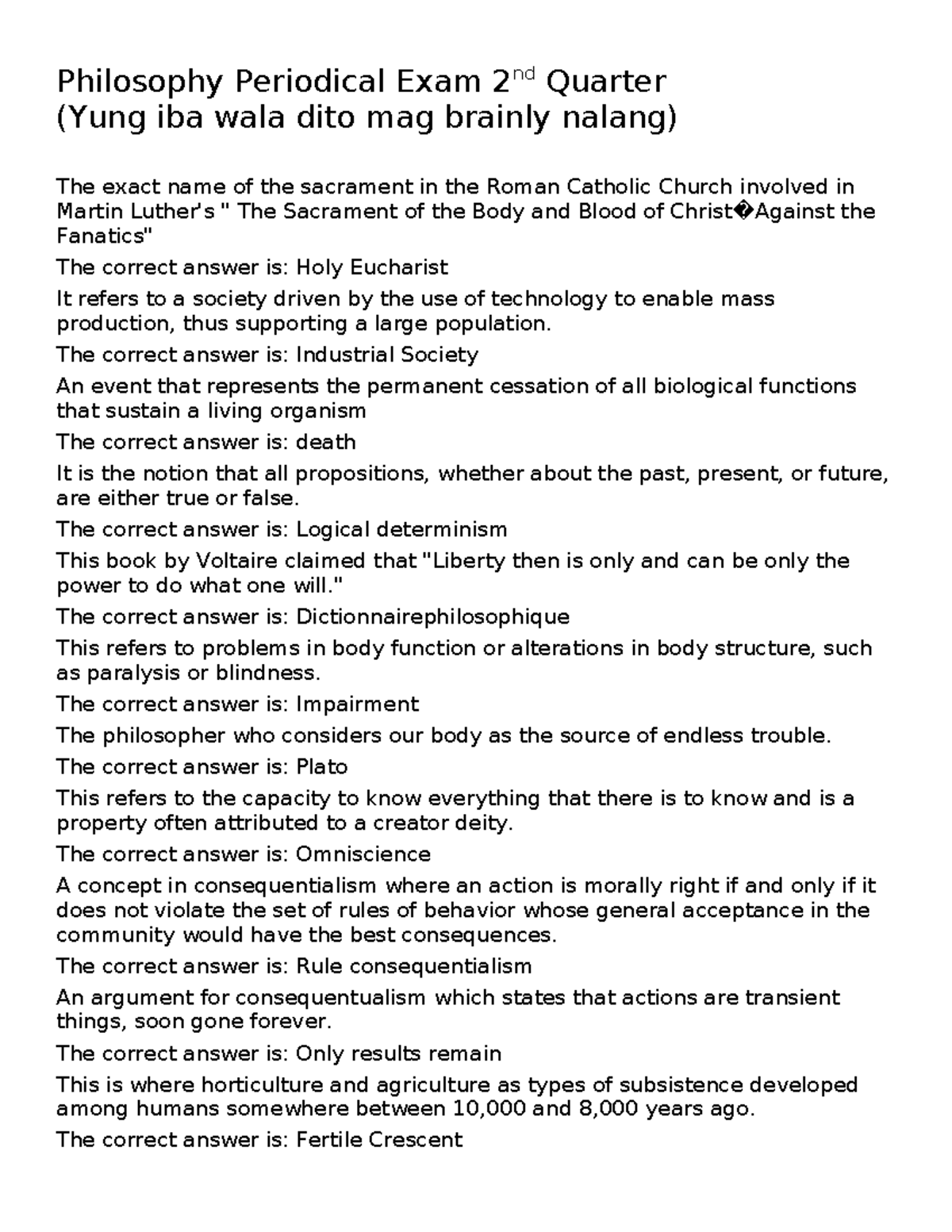 Philosophy Periodical Exam 2nd Quarter: Key Concepts & Answers - Studocu