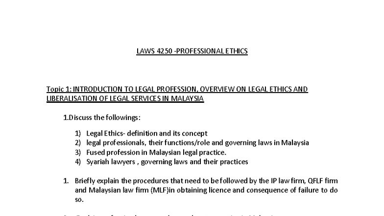 LAWS 4250 ETHICS: Intro to Legal Profession & Ethics in Malaysia - Studocu