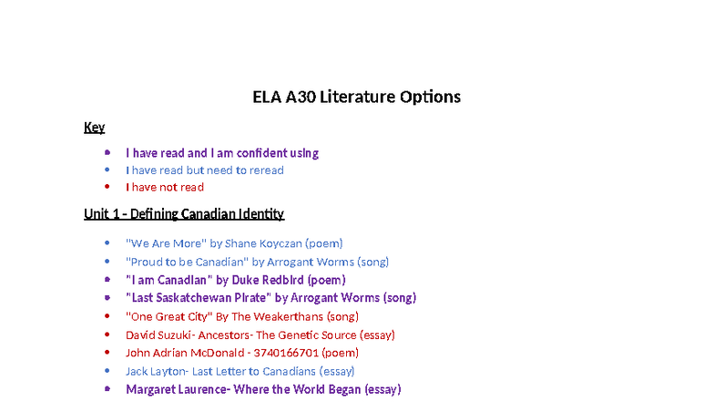 ELA A30 Literature Options - ELA A30 Literature Options Key I have read ...