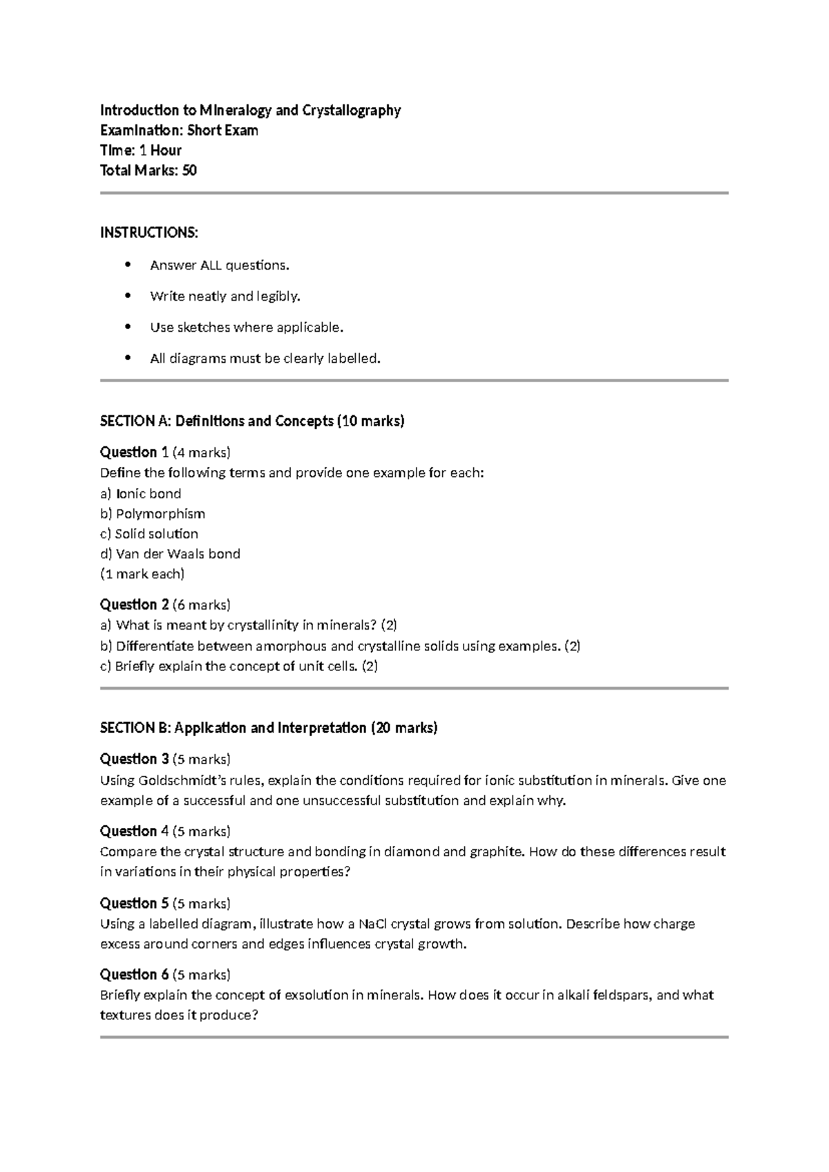 Mineralogy and Crystallography Exam (Course Code: MIN 101) - Studocu