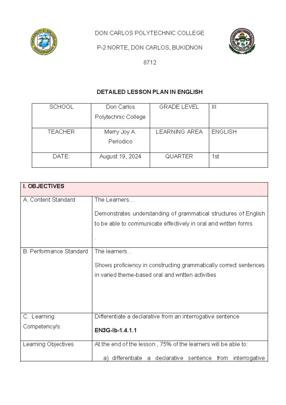 Detailed Lesson Plan in English - DLP-D.O-42-2016 - Studocu