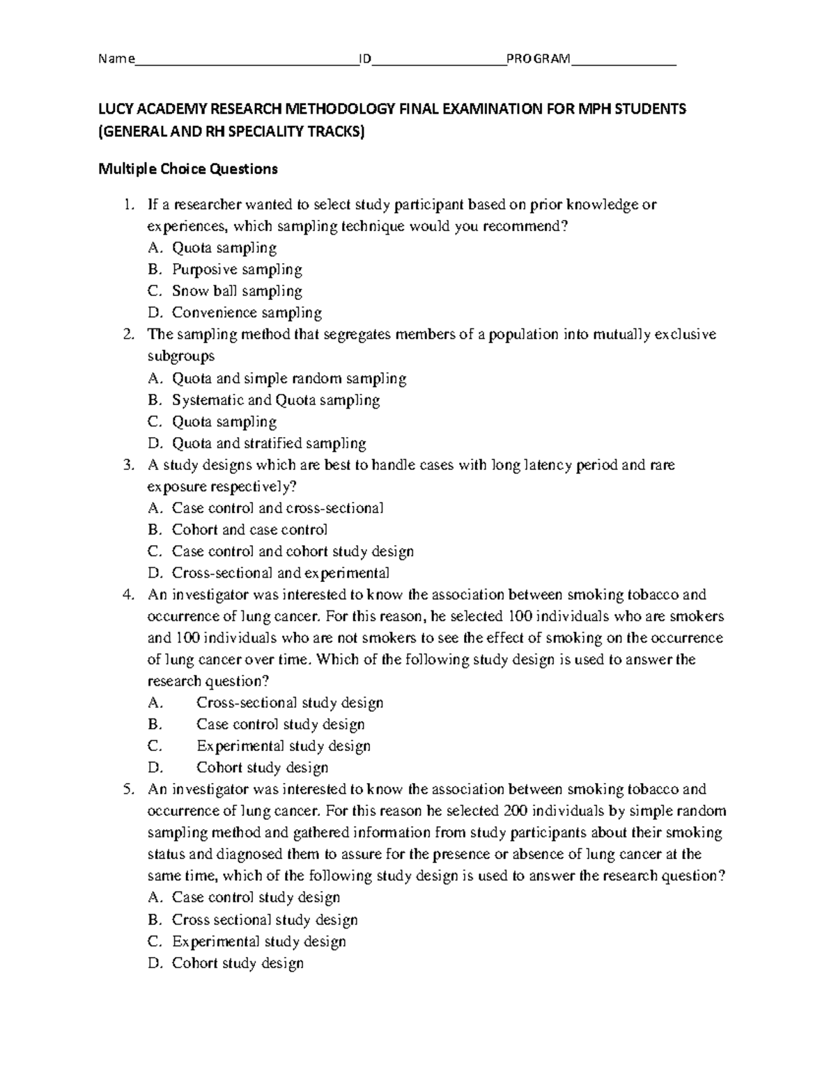 Research Methods MPH Final Exam: Multiple Choice Questions - Studocu