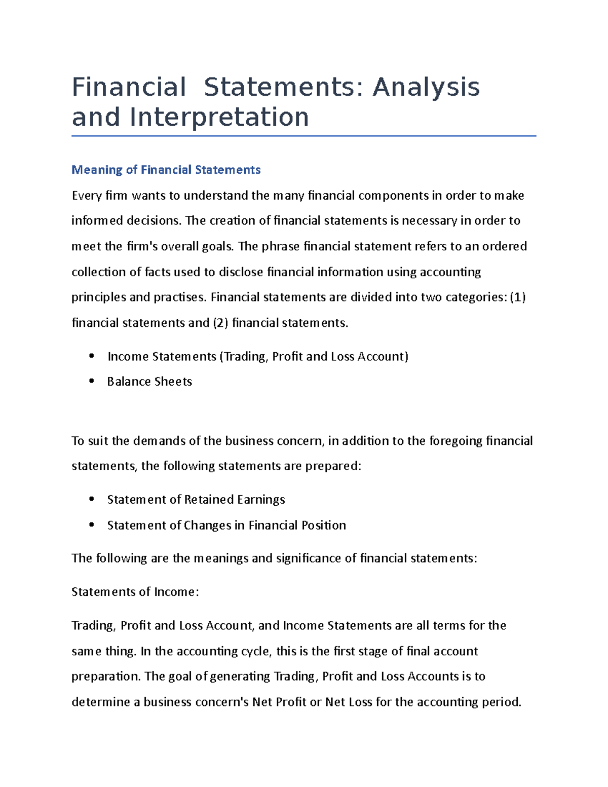 Financial Statements Analysis and Interpretation - Financial Statements ...