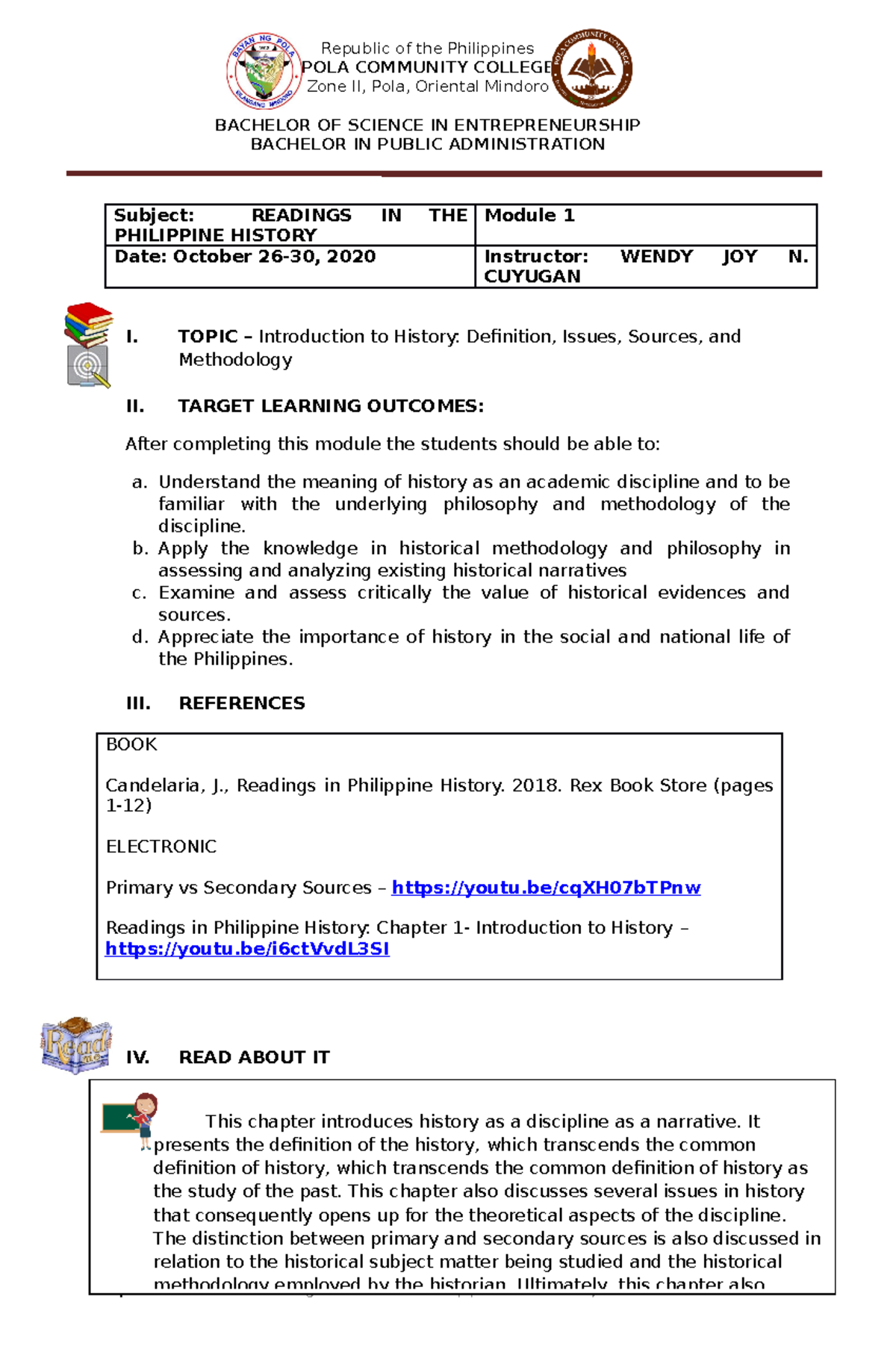 Module 1- Introduction to history - Subject: READINGS IN THE PHILIPPINE HISTORY Module 1 Date ...