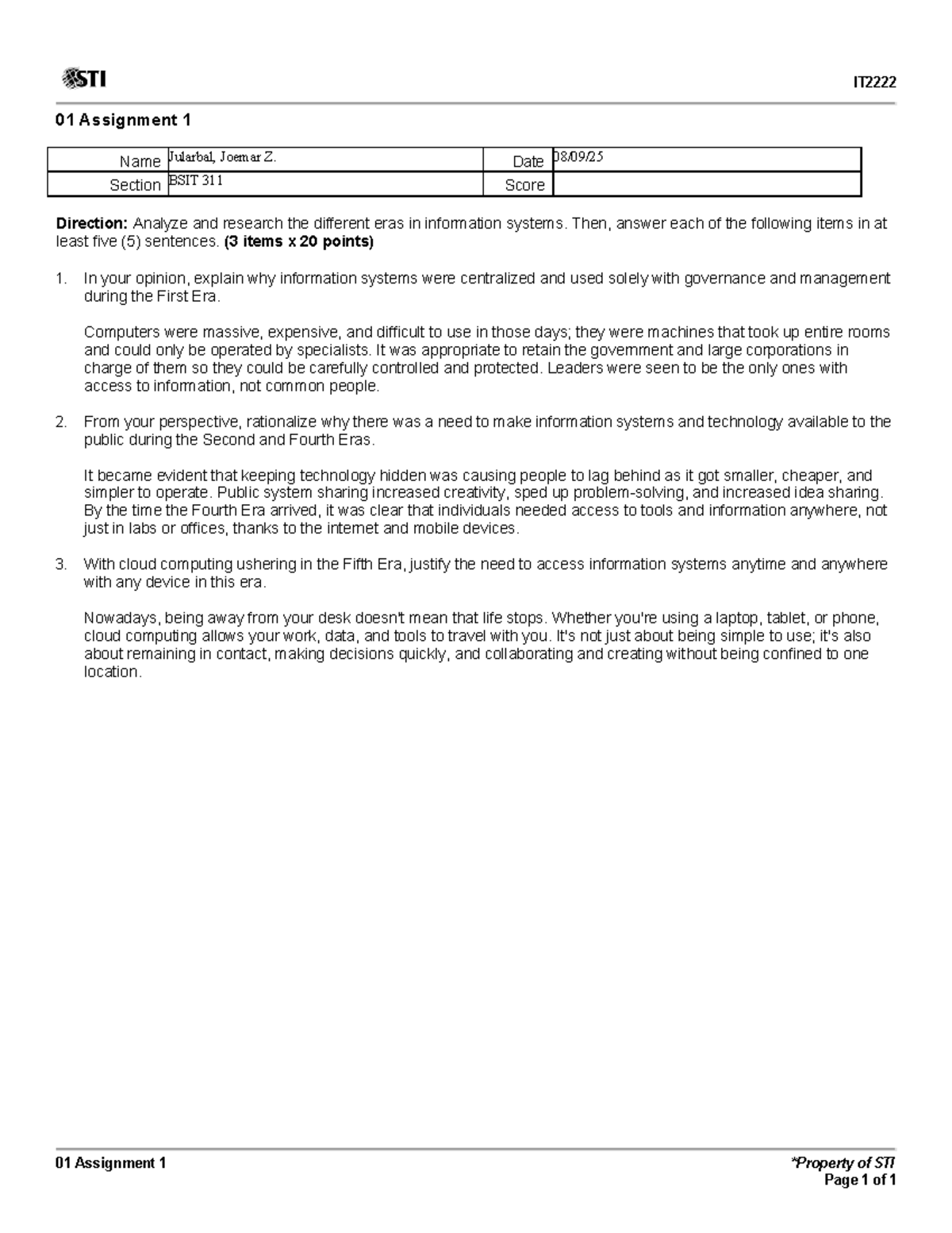 BSIT 311 Assignment 1: Analyzing Eras in Information Systems - Studocu