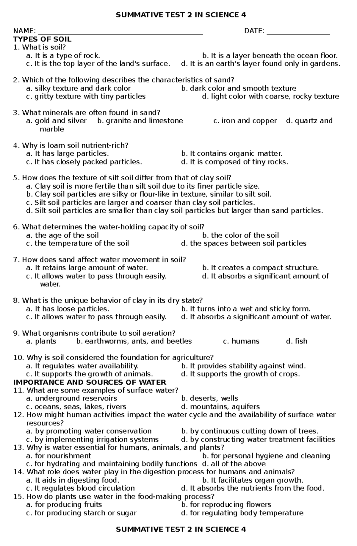 Summative TEST 1 IN Science 4 SOIL AND Water - SUMMATIVE TEST 2 IN ...