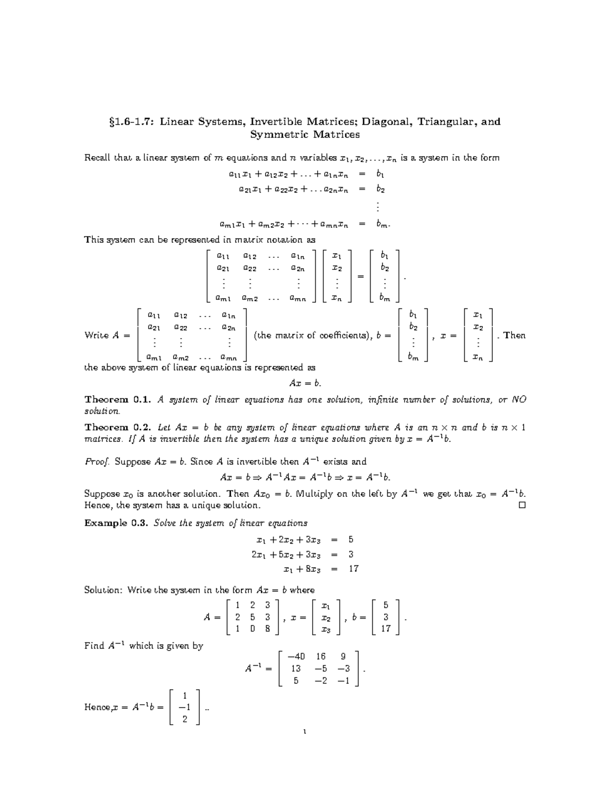 4. Diagonal triangular and systems - §1.6-1: Linear Systems, Invertible ...