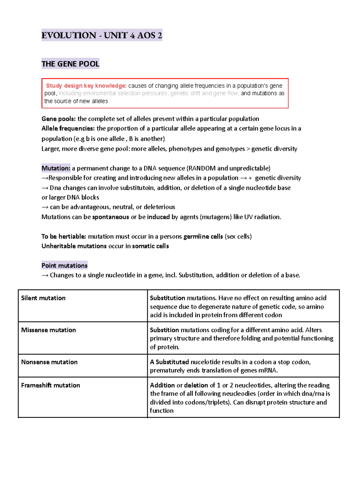 Unit 4 AOS 2: The Gene Pool and Mutation Effects on Allele Frequencies ...