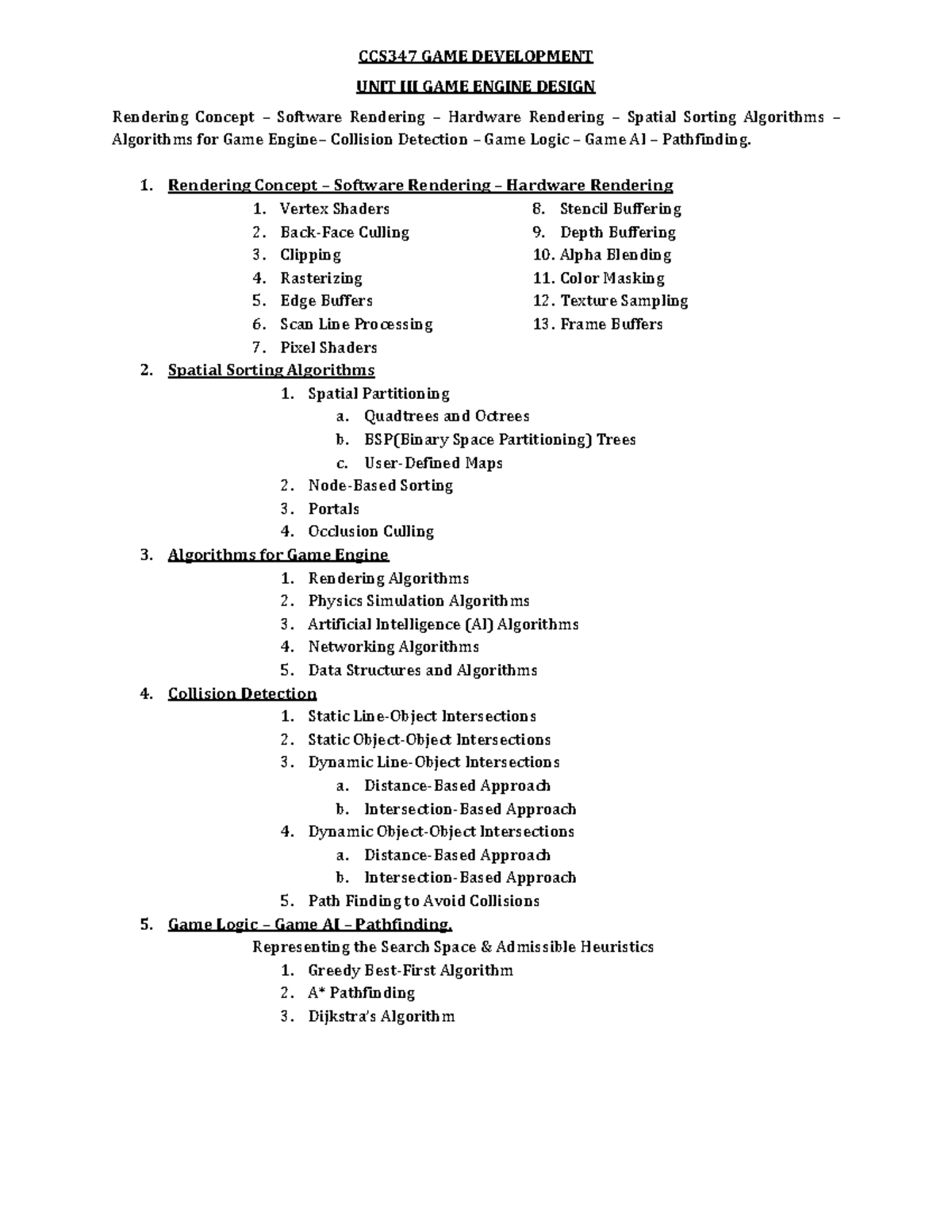 CCS347 GD - Unit 3 Game Engine Design Summary & Key Concepts - Studocu