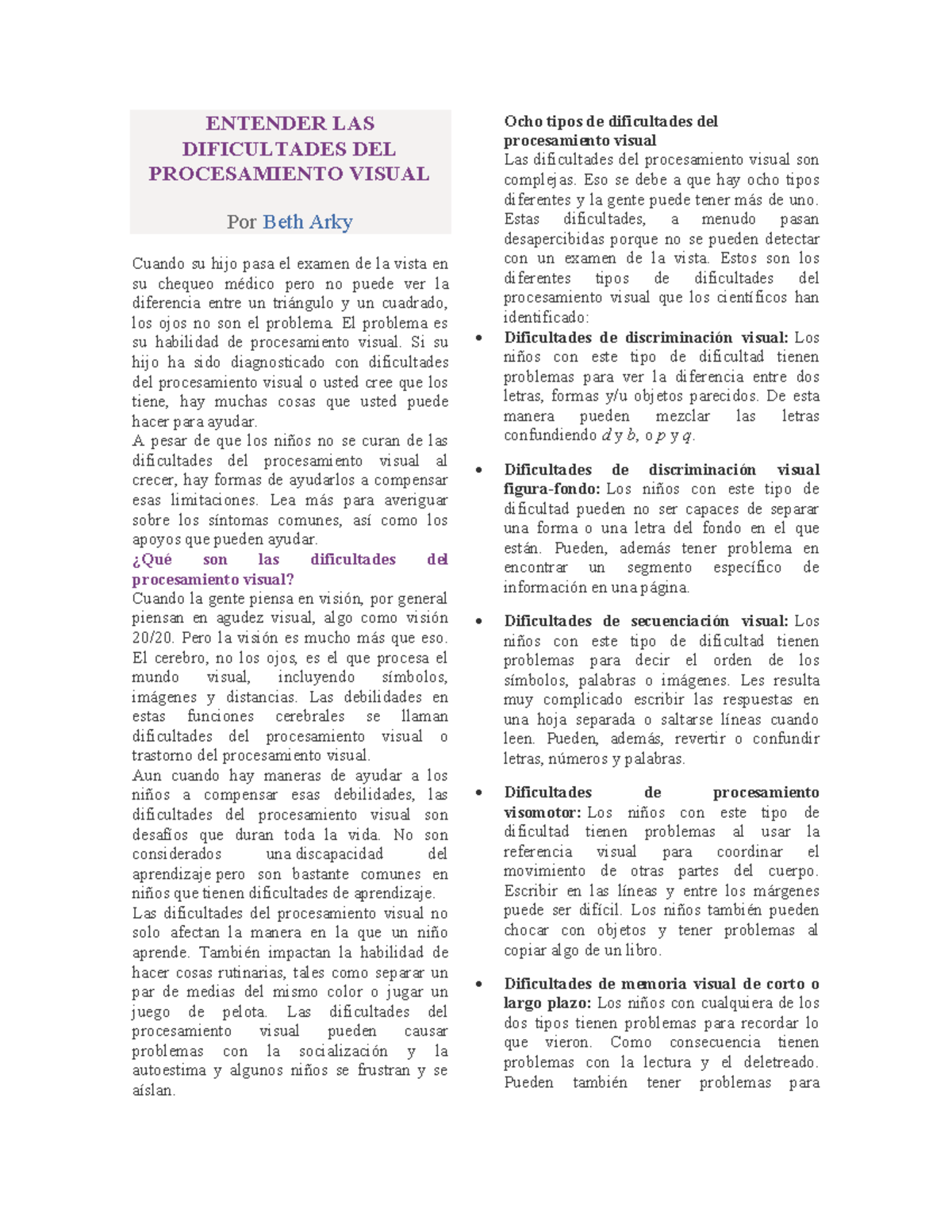 Dificultades en el Procesamiento Visual: Estrategias y Soluciones - Studocu