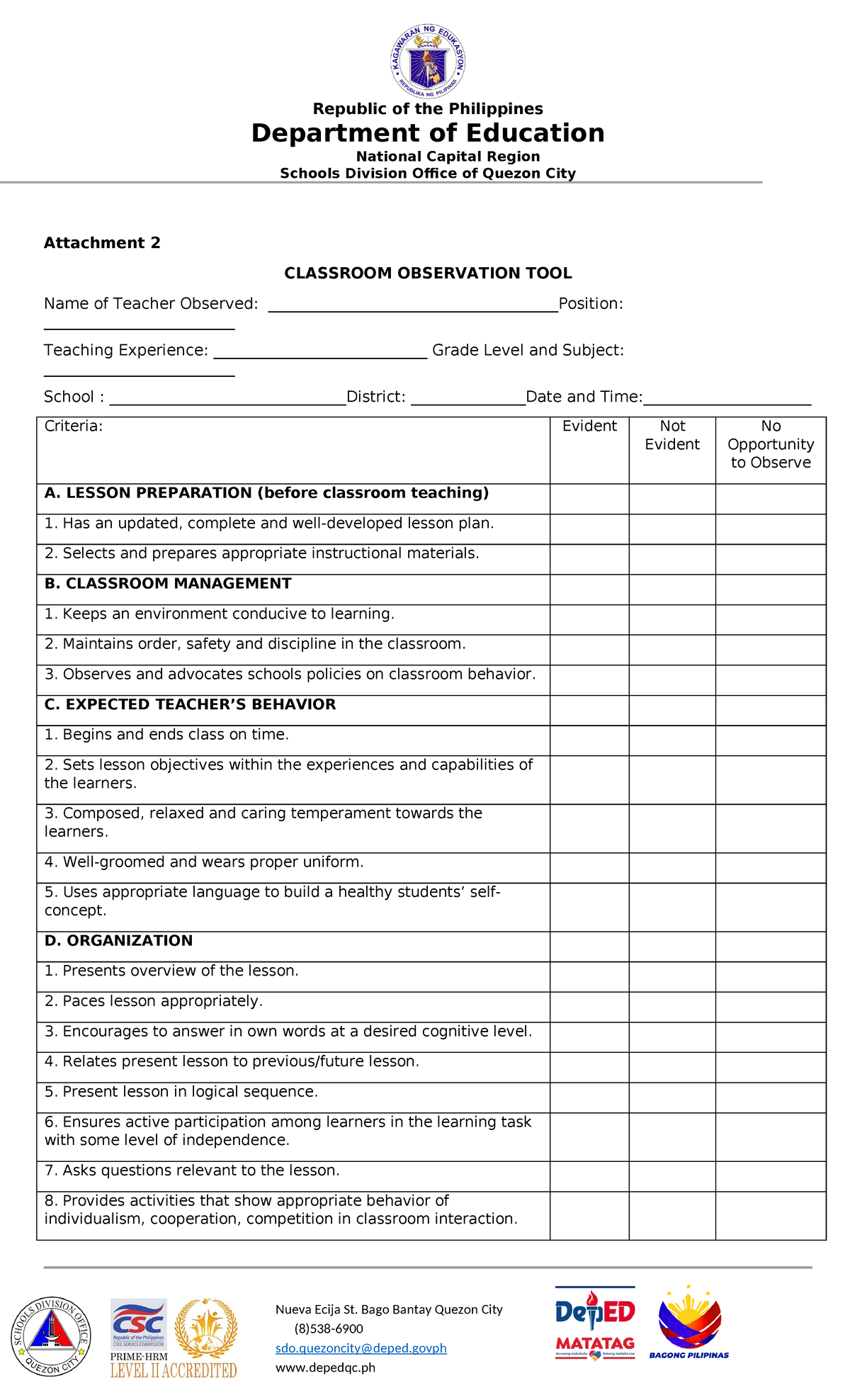 Classroom Observation TOOL - Nueva Ecija St. Bago Bantay Quezon City (8 ...