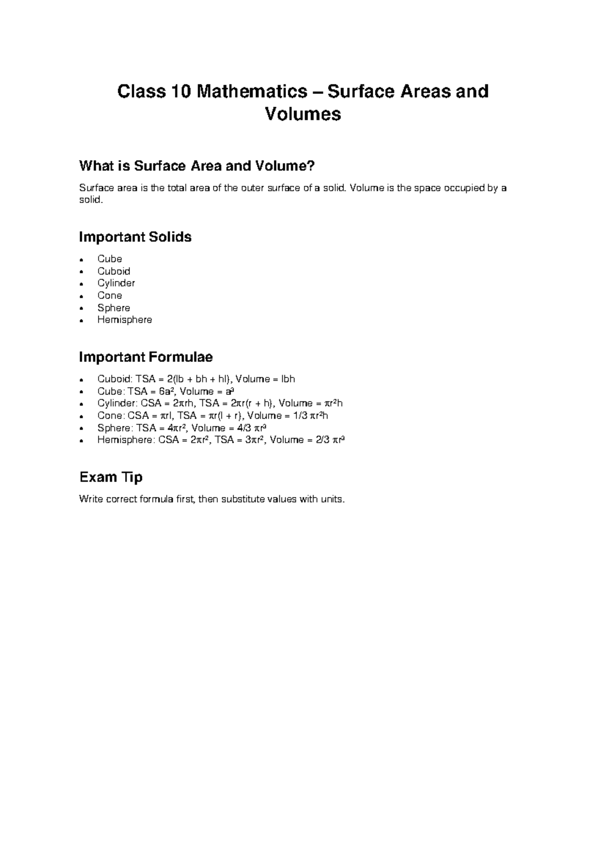 Class 10 Surface Areas and Volumes - Class 10 Mathematics – Surface ...