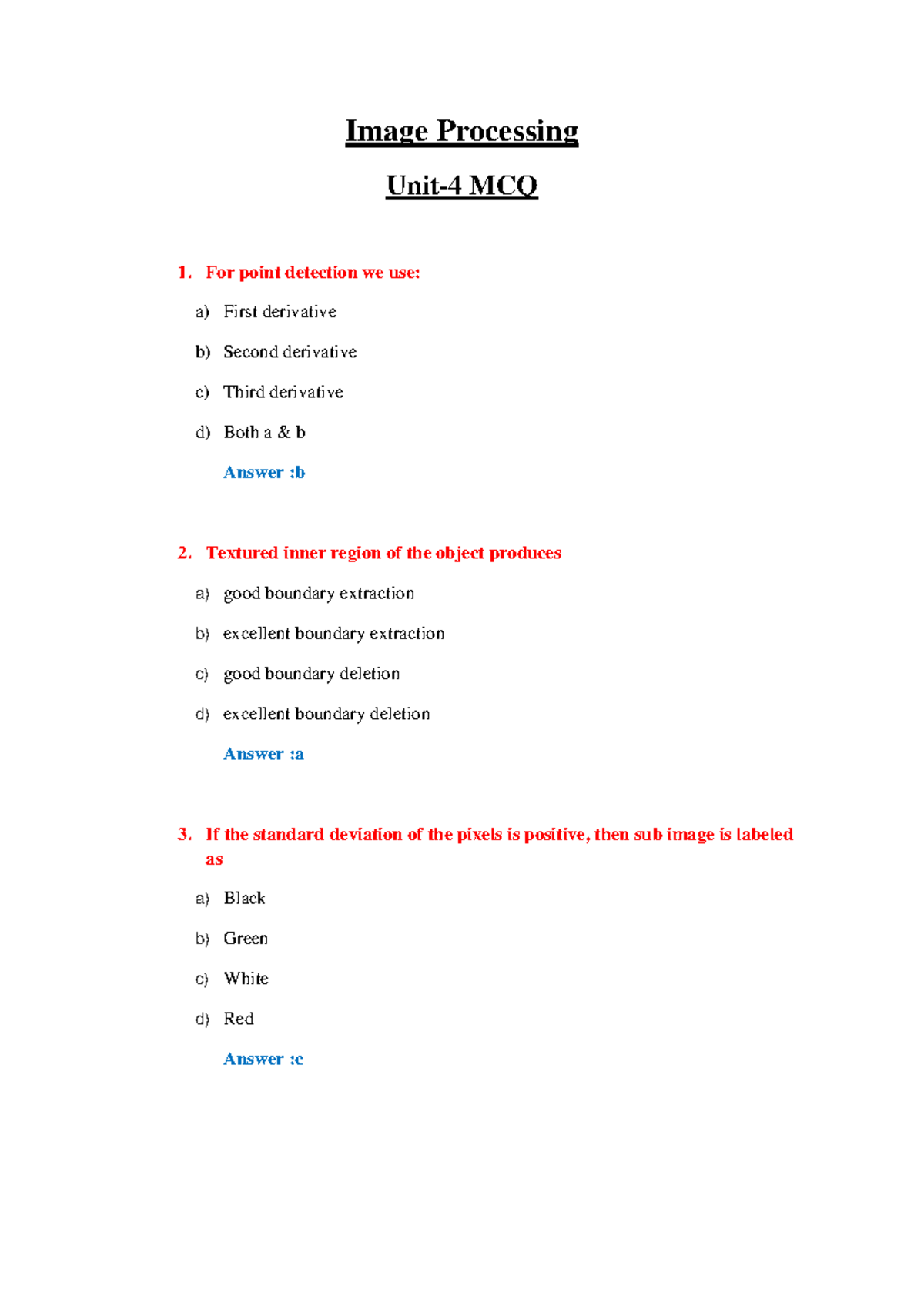 Image Processing Unit 4 MCQs Analysis and Answers - Studocu